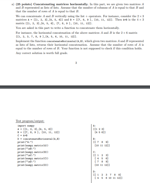 Solved a) (25 points) Concatenating matrices horizontally. | Chegg.com