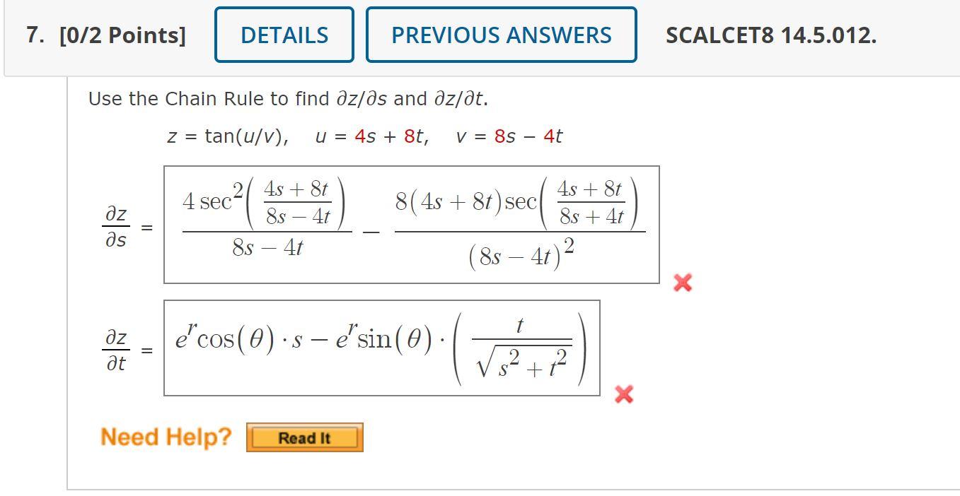 Solved SCALCET8 14.5.012. Use the Chain Rule to find ∂z/∂s | Chegg.com