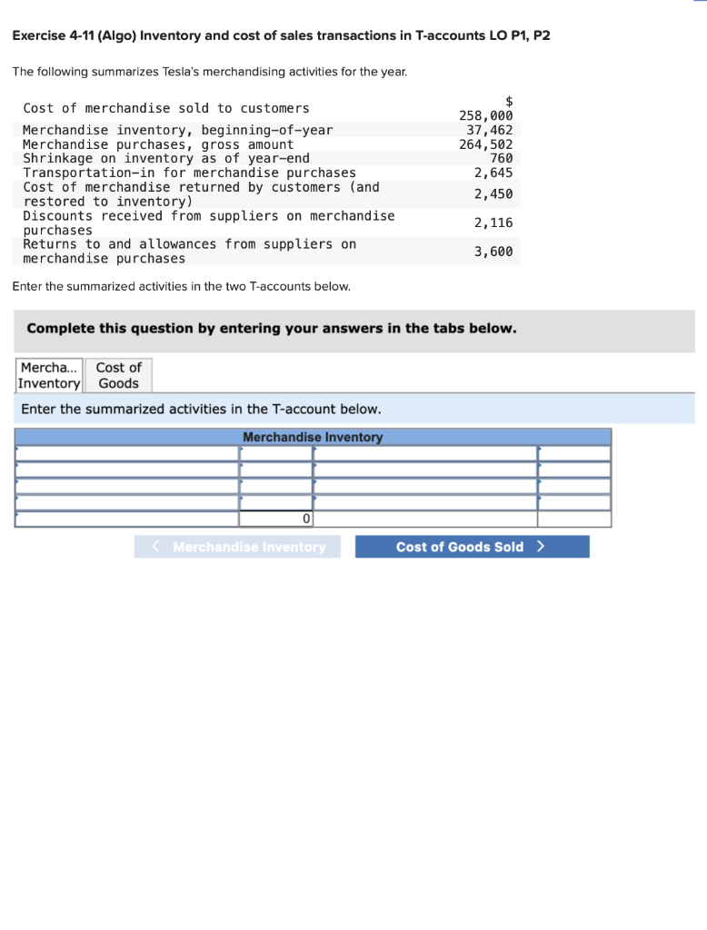 Solved Exercise 4-11 (Algo) Inventory and cost of sales | Chegg.com