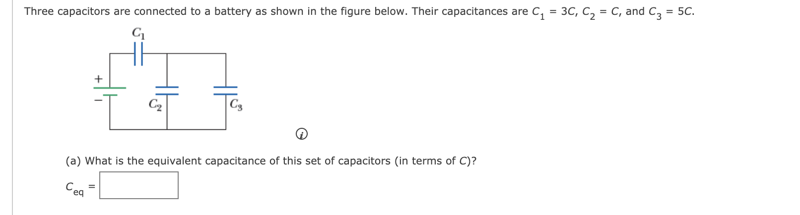 Solved Three capacitors are connected to a battery as shown | Chegg.com