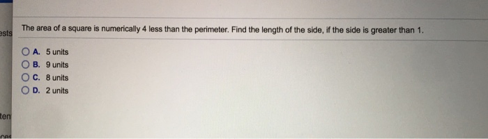 Solved The area of a square is numerically 4 less than the | Chegg.com