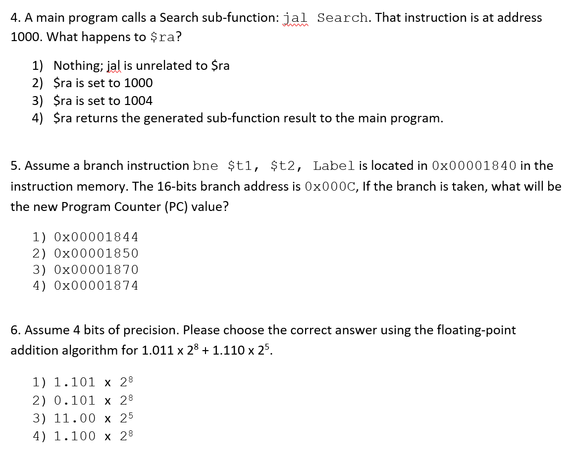 Solved 4. A main program calls a Search sub-function: jal | Chegg.com