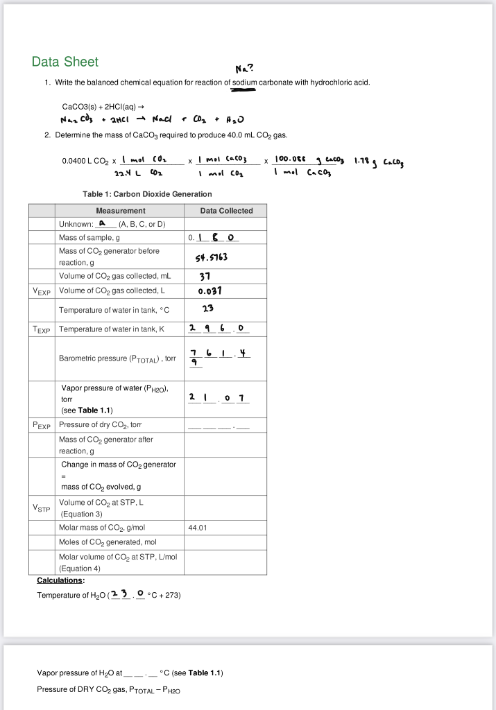Solved Data Sheet NA? 1. Write the balanced chemical | Chegg.com