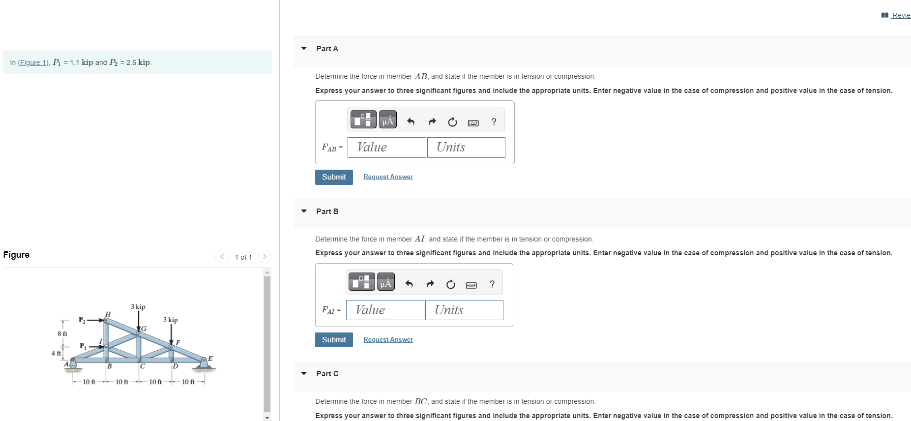 Solved In (Figure 1), P1=1.1kip and P2=2.6kip. Determine the | Chegg.com
