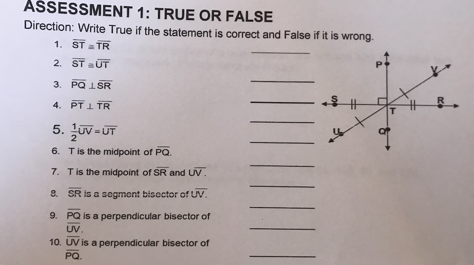 Solved ASSESSMENT 1: TRUE OR FALSE Direction: Write True if | Chegg.com