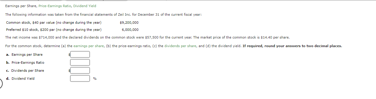 Solved Earnings per Share, Price-Earnings Ratio, Dividend | Chegg.com