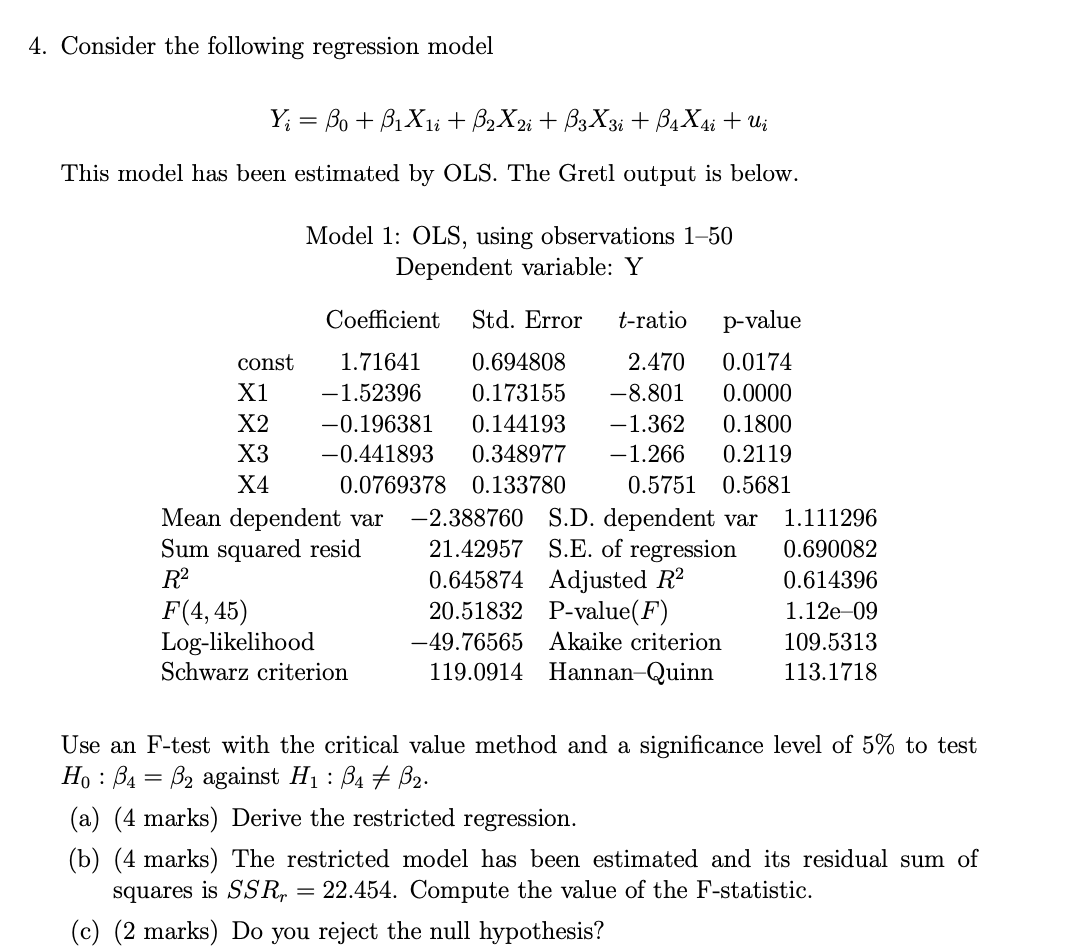 Solved 4. Consider the following regression model Y; = Bo + | Chegg.com