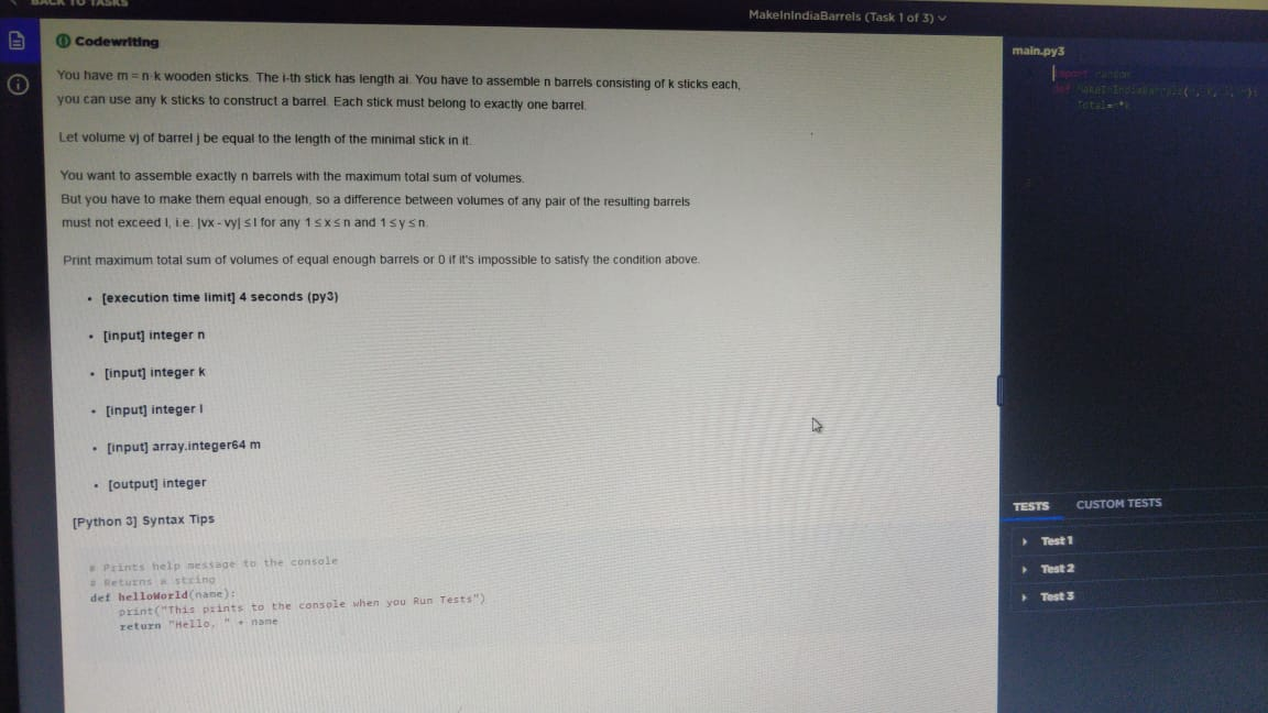 MakeInIndiaBarrels (Task 1 of 3) Codewriting main.py3 | Chegg.com