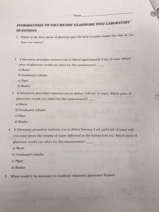 Solved Name, INTRODUCTION TO VOLUMETRIC GLASSWARE | Chegg.com