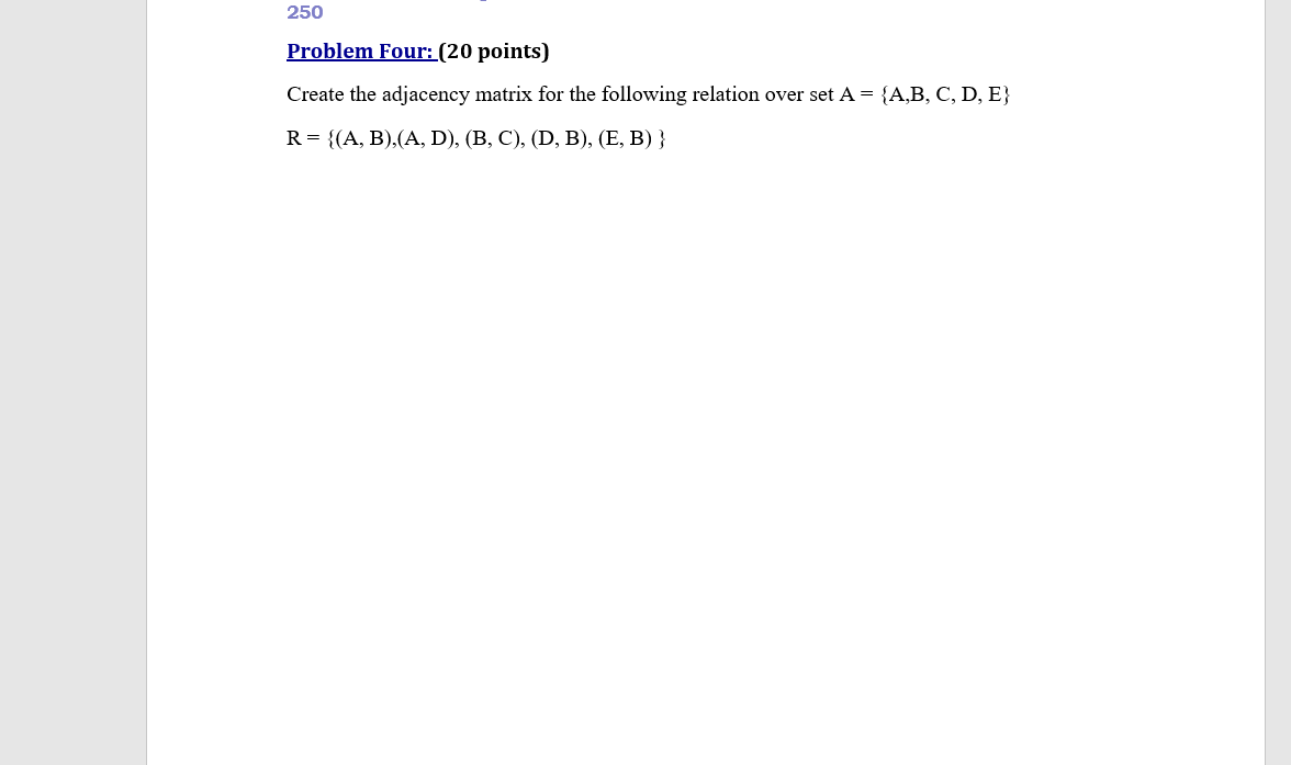 Solved 250 Problem Four: (20 points) Create the adjacency | Chegg.com