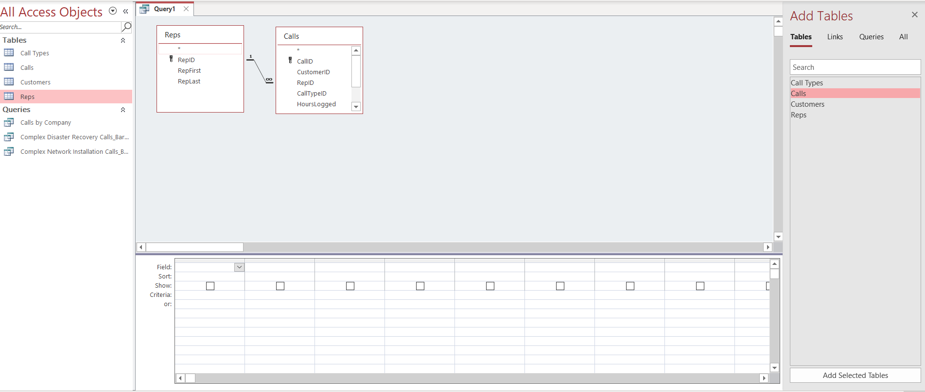 Solved All Access Objects Query1 X Add Tables Search... Reps | Chegg.com