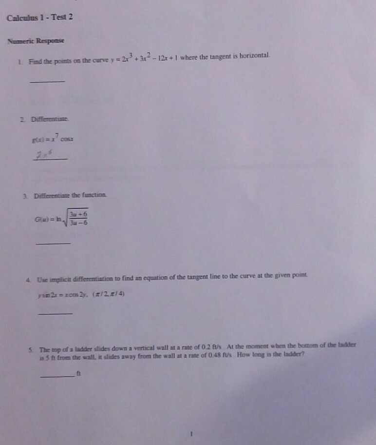 Solved Calculus 1- Test 2 Numeric Response 1. Find the | Chegg.com