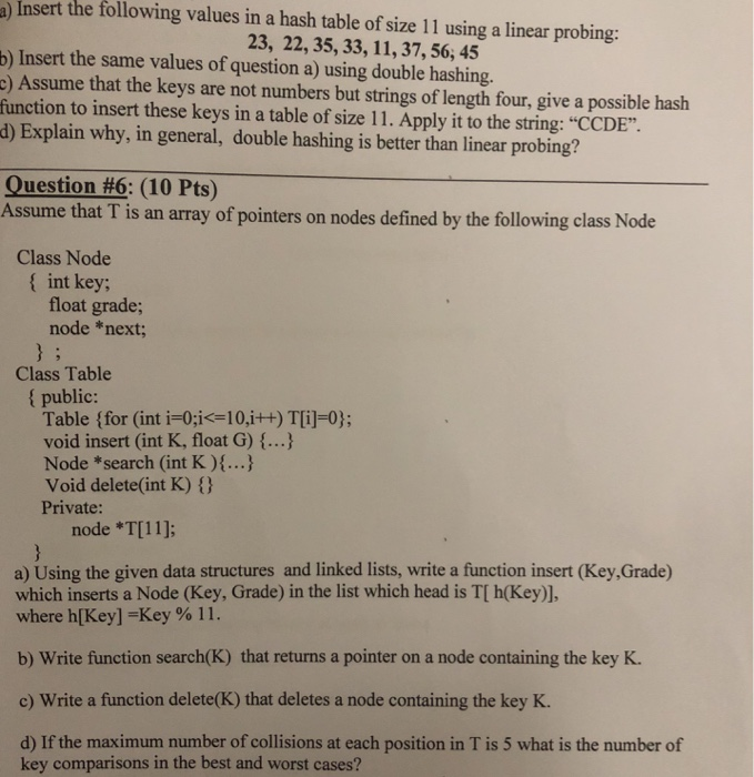 Solved a) insert the following values in a hash table of | Chegg.com