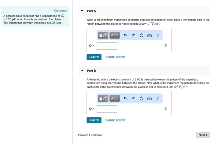 Solved Constants Part A A parallel-plate capacitor has a | Chegg.com