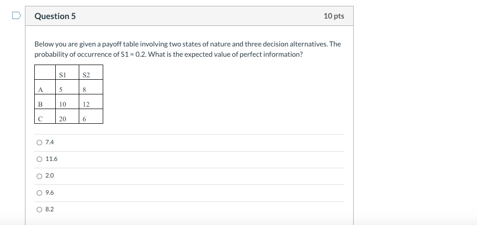 Solved Question 5 10 pts Below you are given a payoff table | Chegg.com