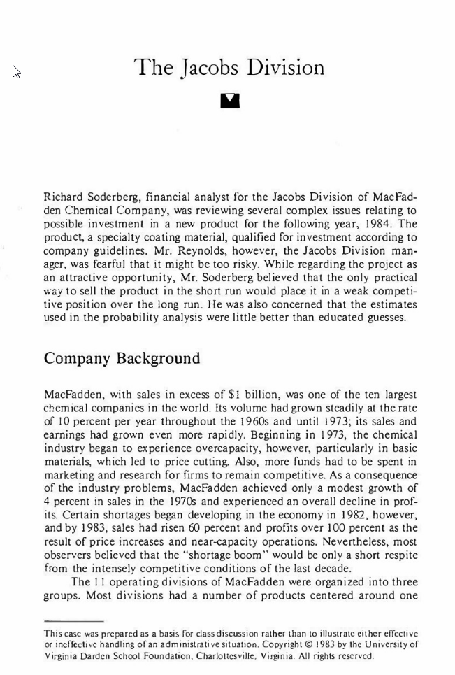 The Jacobs Division Richard Soderberg, financial | Chegg.com