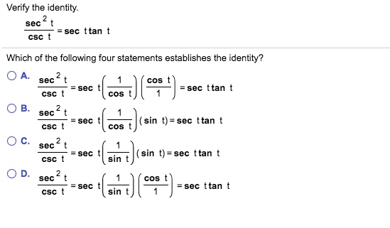 Solved Verify the identity sin t cos t sect- cost To verify | Chegg.com