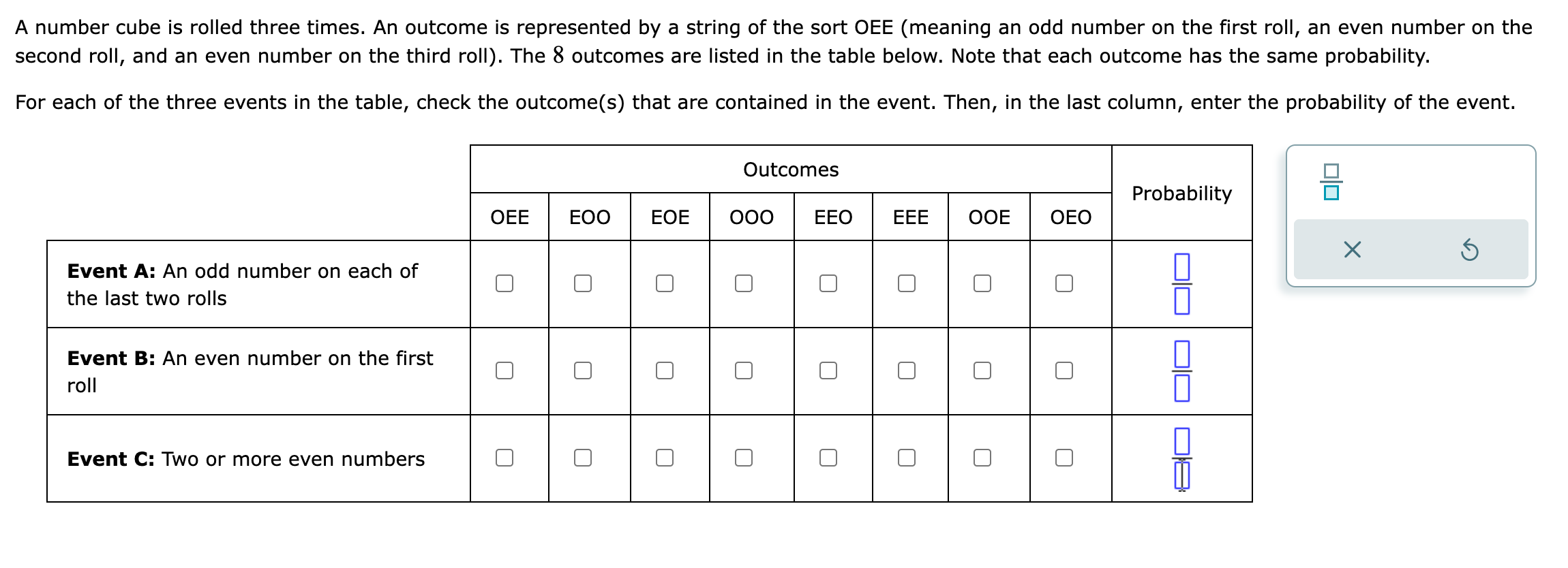 Solved A number cube is rolled three times. An outcome is | Chegg.com