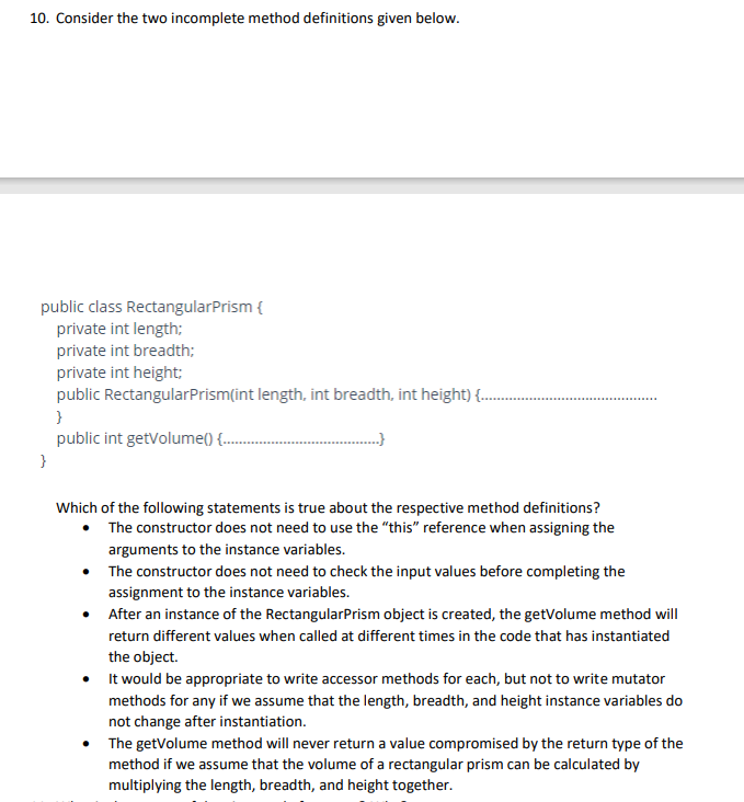 Solved 10. Consider the two incomplete method definitions | Chegg.com