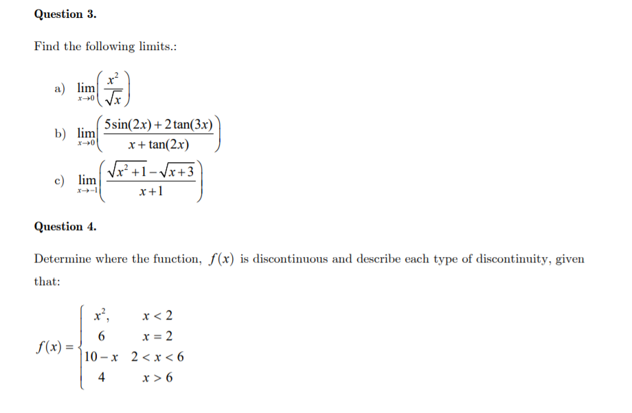 Solved Limits and Continuity Question 1. a) Find the | Chegg.com