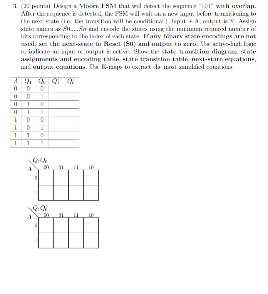 3. (20 points) Design a Moore FSM that will detect | Chegg.com