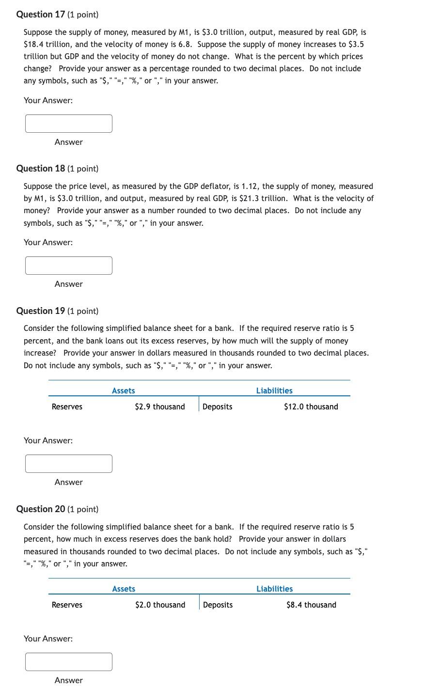 Solved Question 17 (1 point) Suppose the supply of money, | Chegg.com