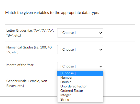 Match the given variables to the appropriate data | Chegg.com