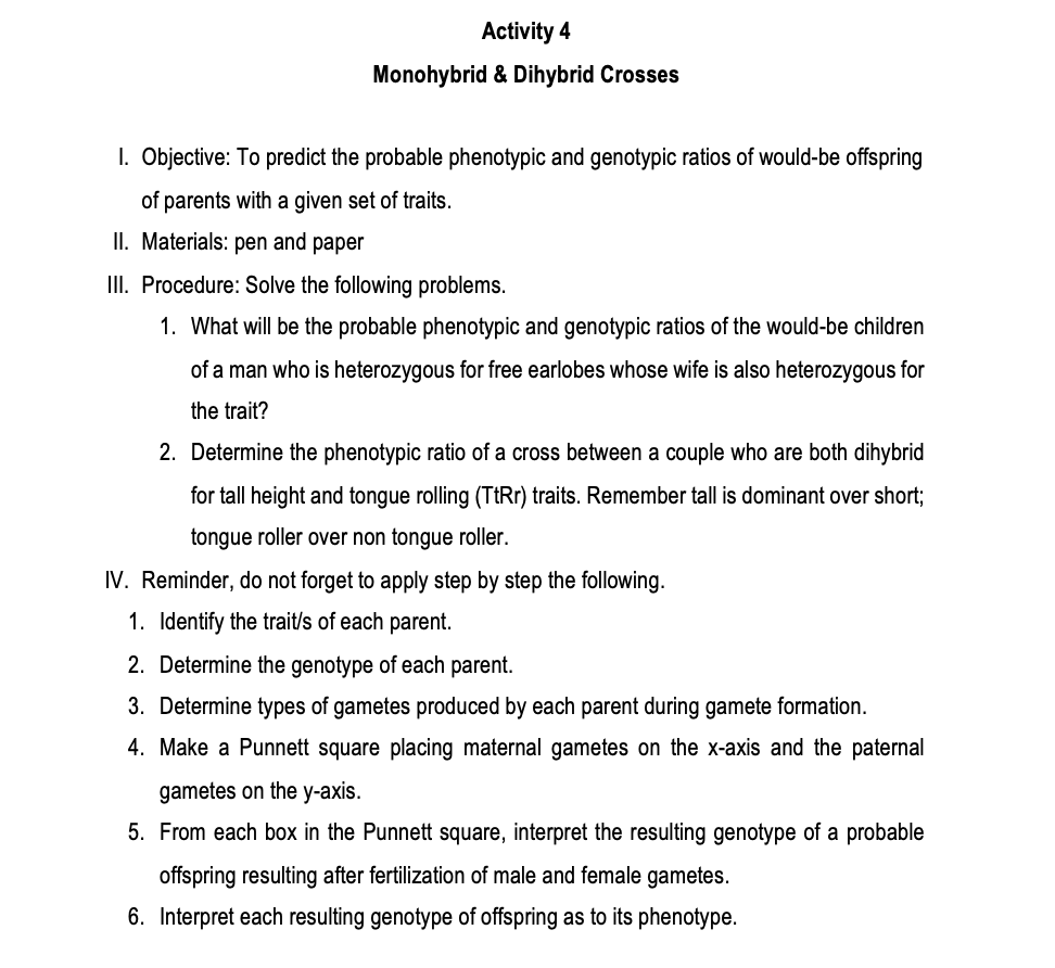Solved Activity 4 Monohybrid & Dihybrid Crosses I. | Chegg.com