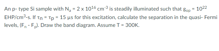 Solved An p-type Si sample with Na=2×1016 cm−3 is steadily | Chegg.com