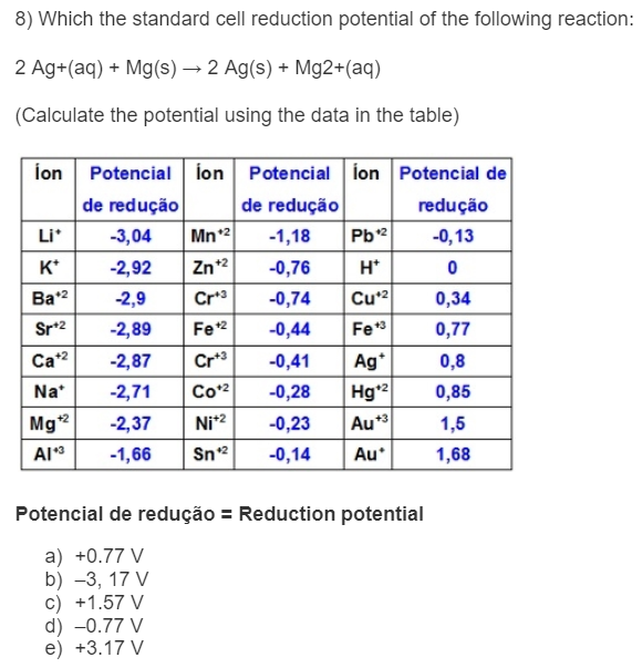 Solved 8) Which the standard cell reduction potential of the | Chegg.com