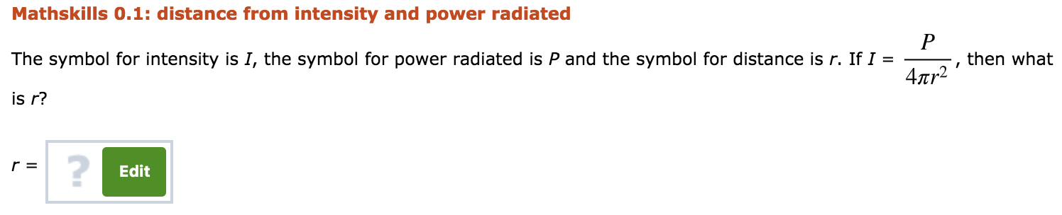 Solved Mathskills 0.1: distance from intensity and power | Chegg.com