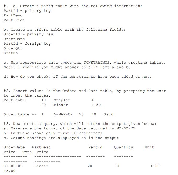 Solved #1. a. Create a parts table with the following | Chegg.com