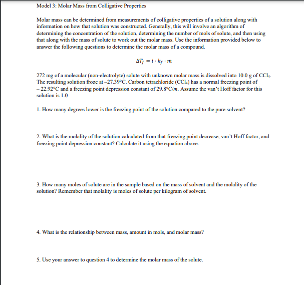 Solved Model 3: Molar Mass from Colligative Properties Molar | Chegg.com