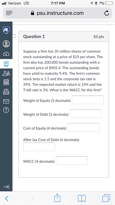 Solved Verizon LTE 7:17 PM psu.instructure.com Question 1 10 | Chegg.com
