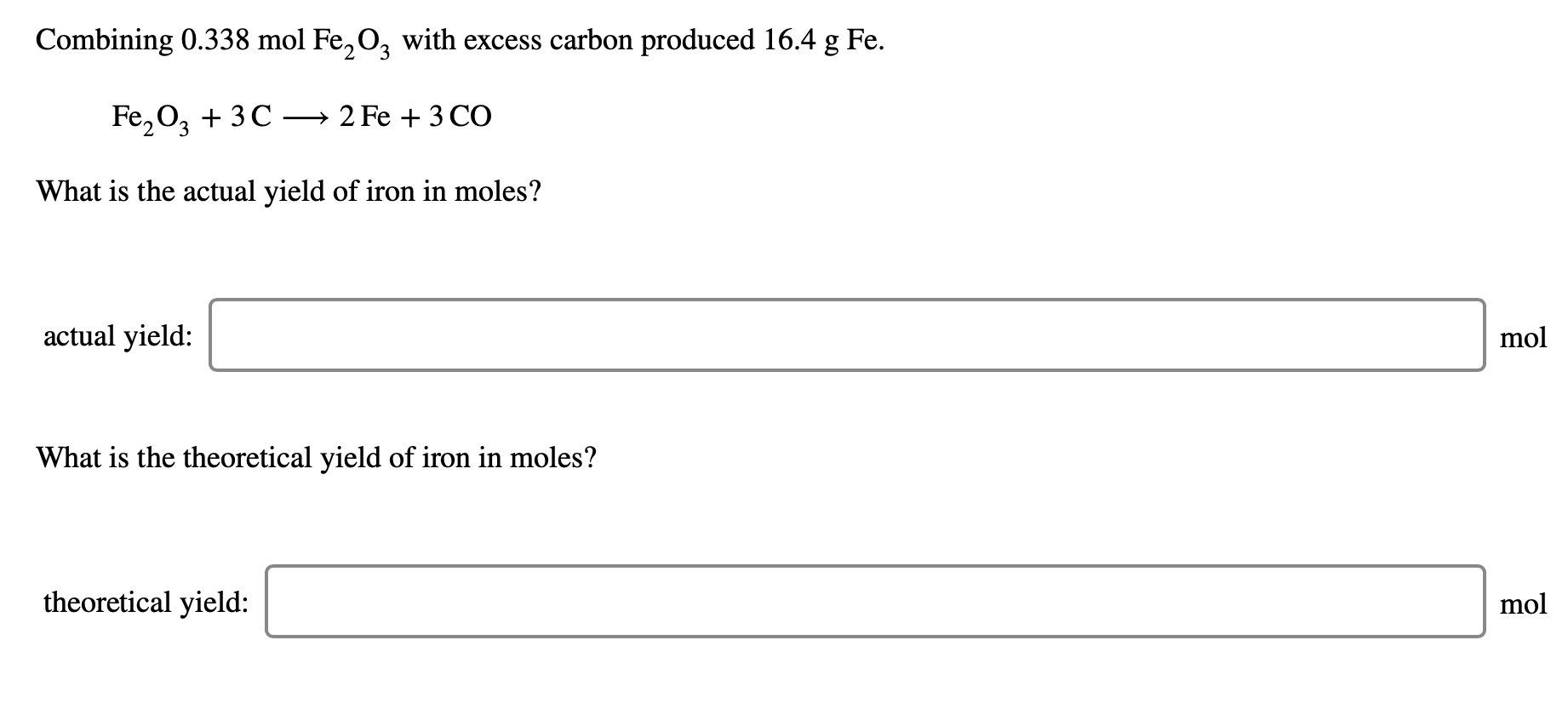 Solved Combining 0.338 mol Fe2O3 with excess carbon produced | Chegg.com