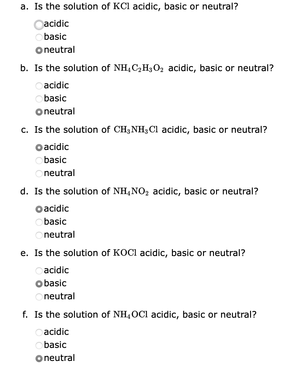 Solved a. Is the solution of KCl acidic, basic or neutral? | Chegg.com