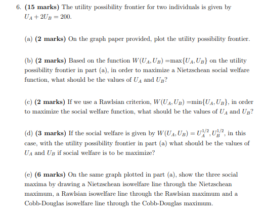 Solved 6. (15 marks) The utility possibility frontier for | Chegg.com