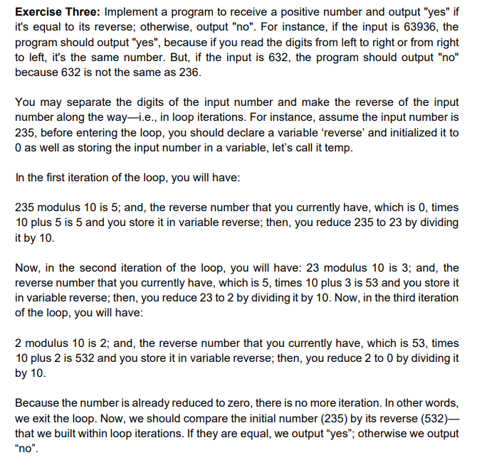 Solved Exercise Three: Implement a program to receive a | Chegg.com