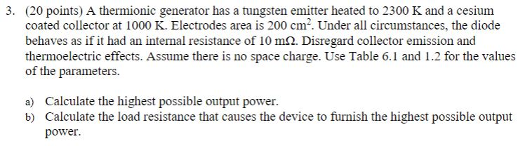 Solved 3. (20 points) A thermionic generator has a tungsten | Chegg.com