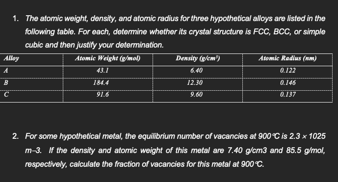 Solved 1. The atomic weight, density, and atomic radius for | Chegg.com