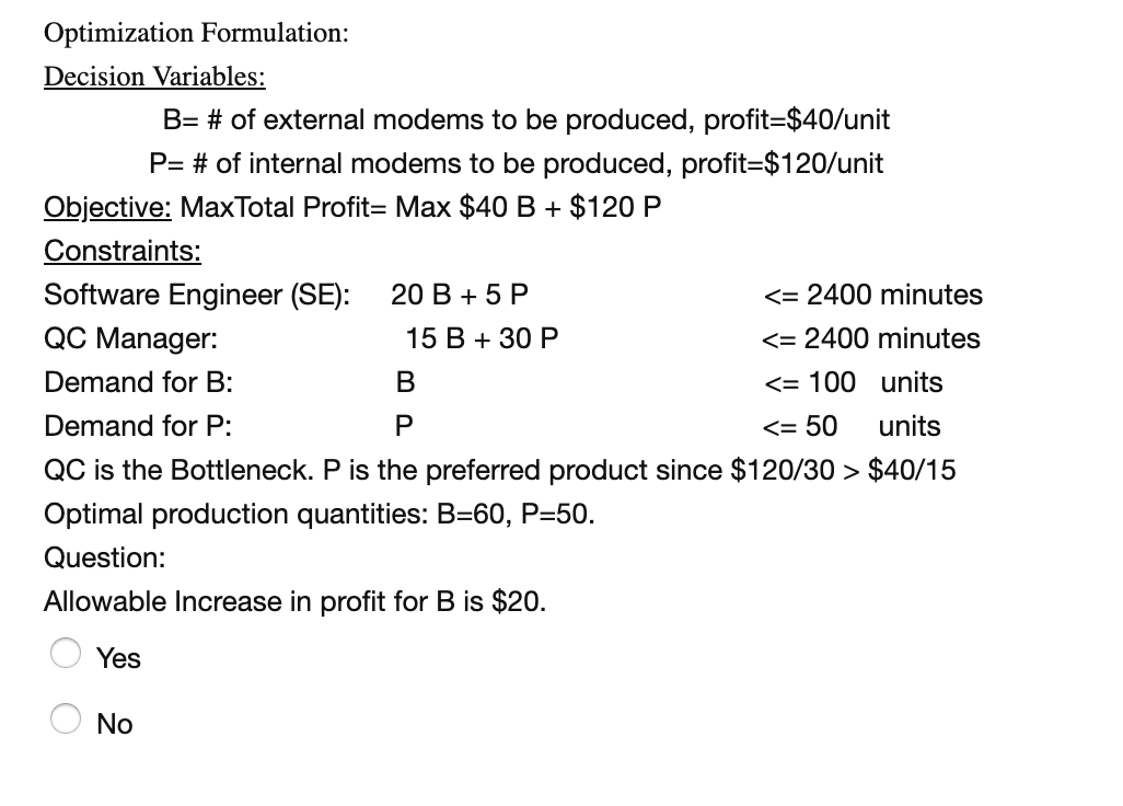 Solved Optimization Formulation: Decision Variables: B= # of | Chegg.com