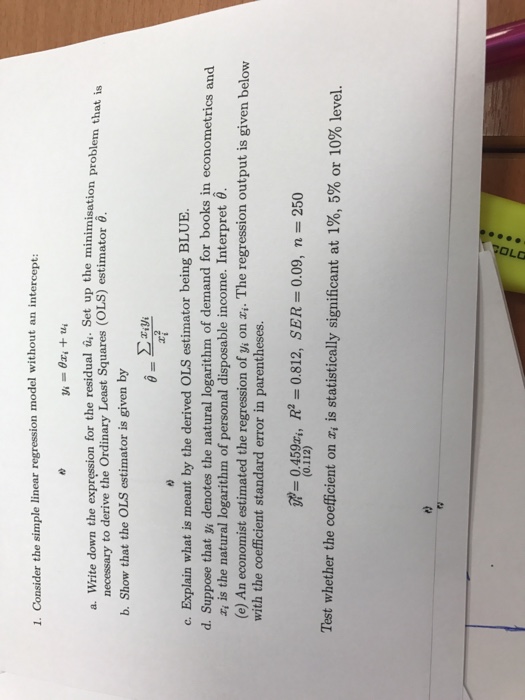 Solved 1·Consider the simple linear regression model without | Chegg.com