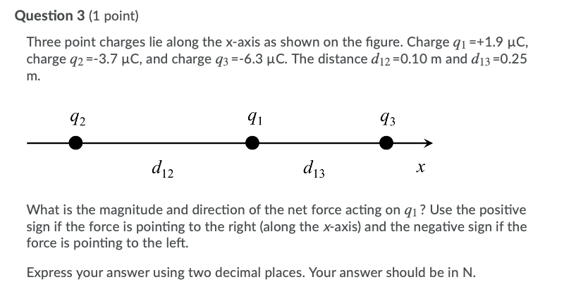 Solved Question 3 (1 point) Three point charges lie along | Chegg.com
