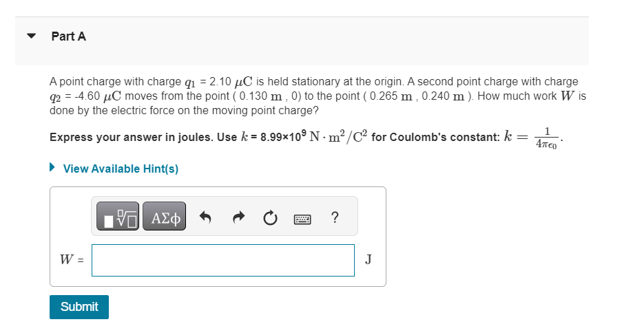 Solved Part AA point charge with charge q1=2.10μC ﻿is held | Chegg.com