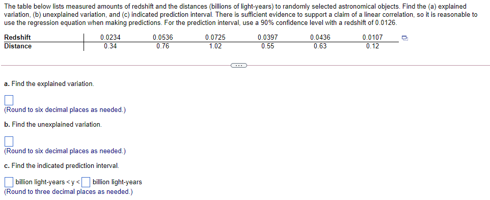 Solved The table below lists measured amounts of redshift | Chegg.com