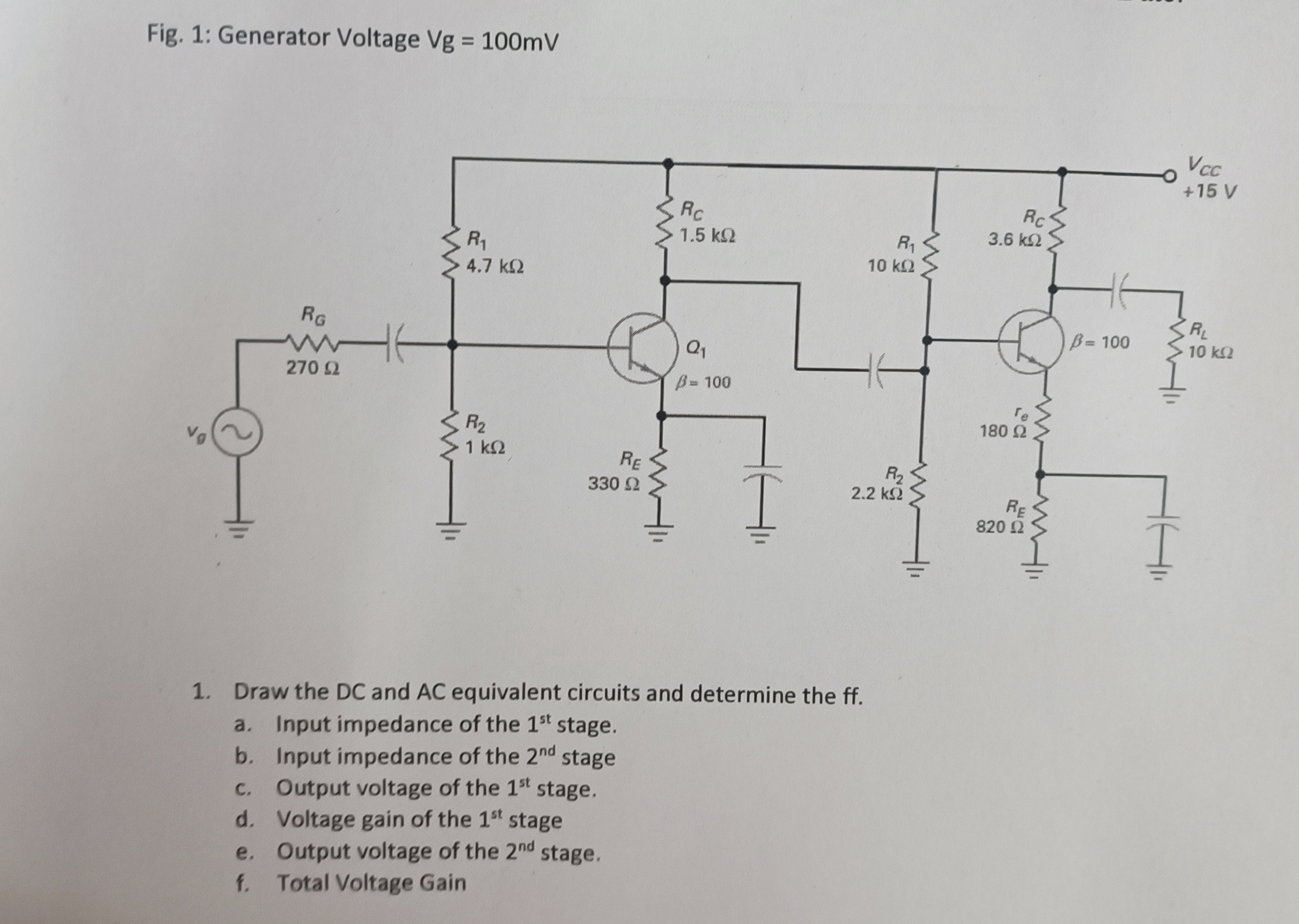 Solved Fig. 1: Generator Voltage Vg =100mVDraw the DC ﻿and | Chegg.com