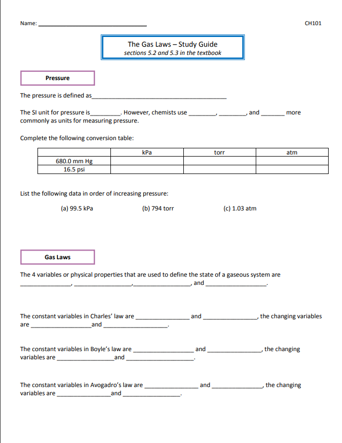 Solved Name: CH101 The Gas Laws - Study Guide sections 5.2 | Chegg.com