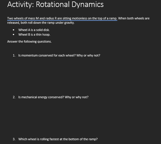 Solved Activity: Rotational Dynamics Two wheels of mass M | Chegg.com