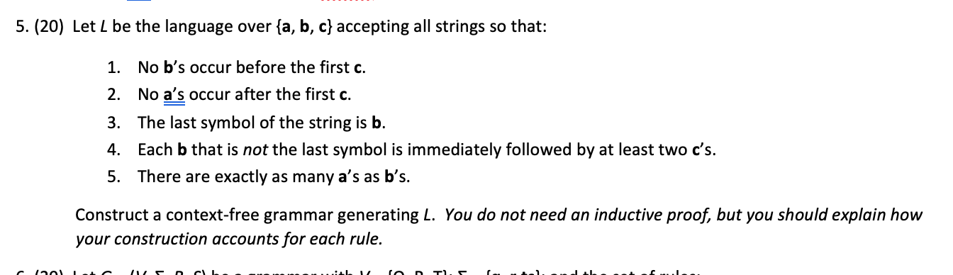 Solved 5. (20) Let L be the language over {a, b, c} | Chegg.com