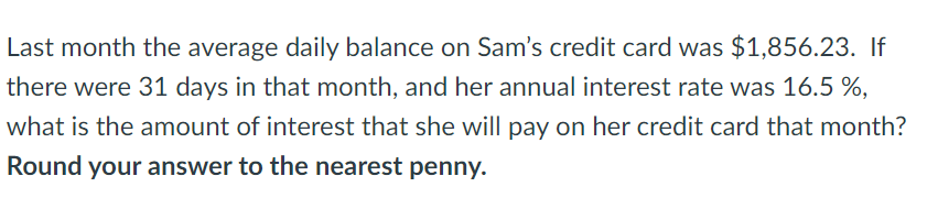 Solved Last month the average daily balance on Sam's credit | Chegg.com
